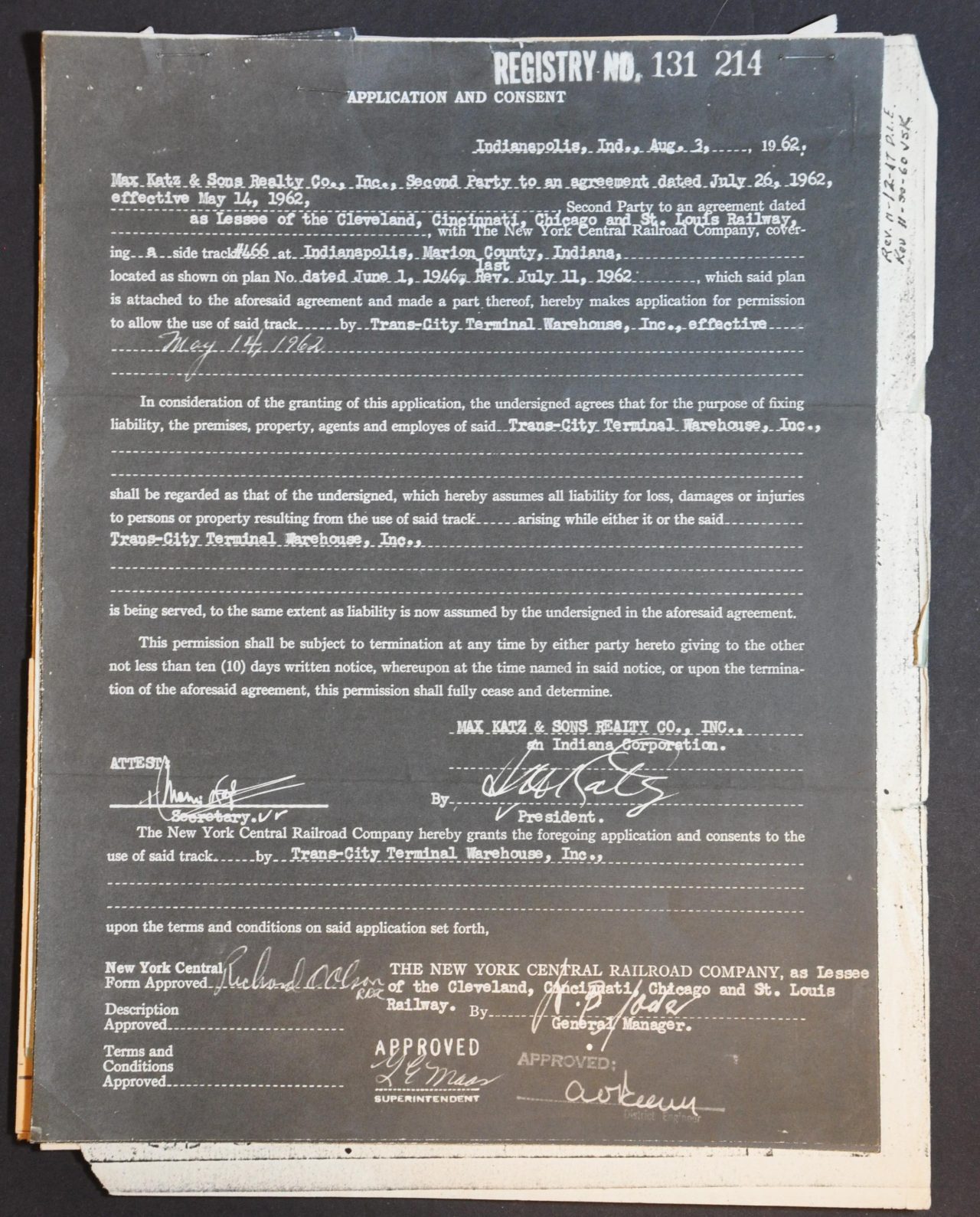Sidetrack Agreement between Max Katz & Sons Realty Co. and the New York ...
