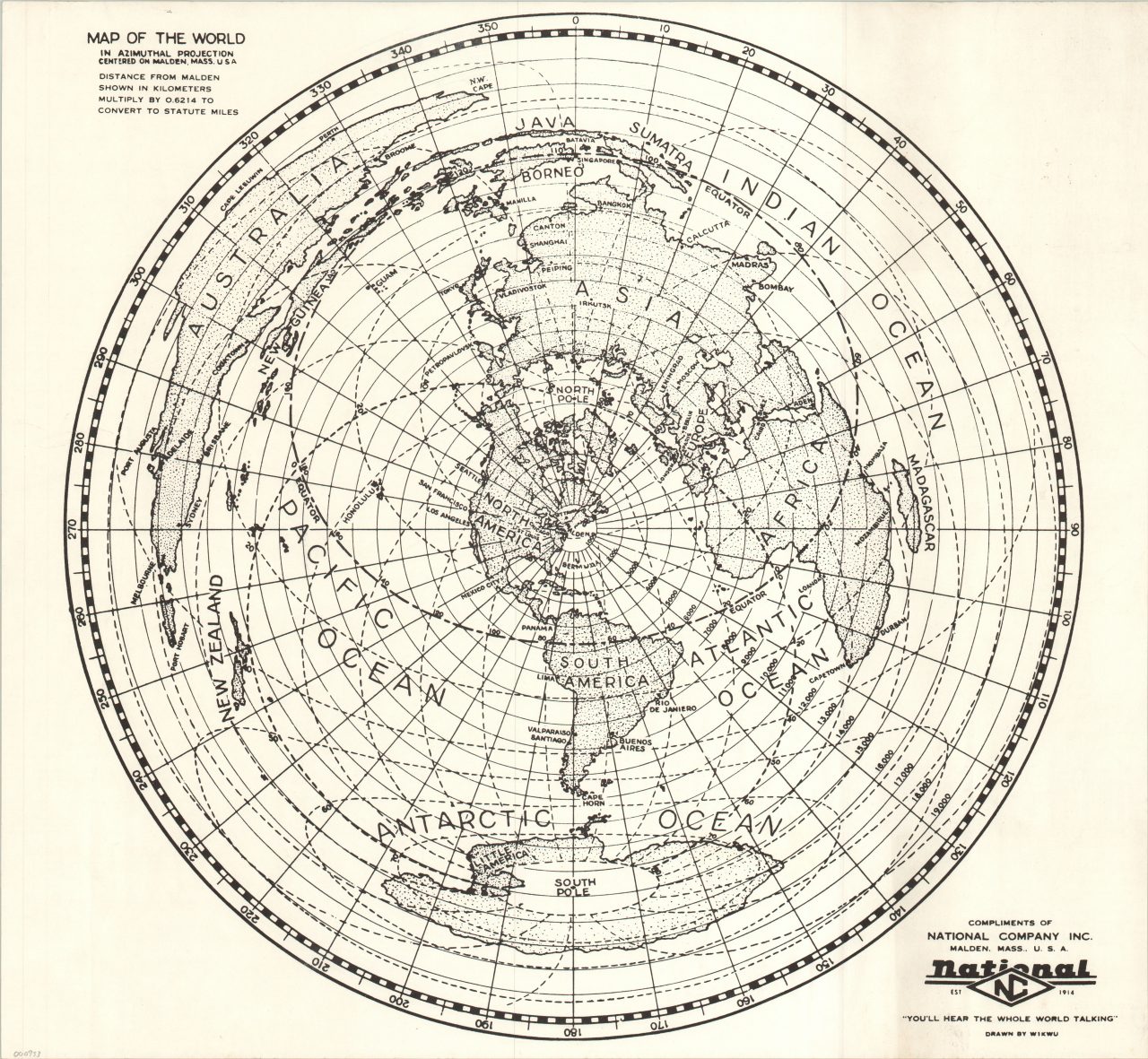 Map of the World in Azimuthal Projection Centered on Malden, Mass. USA ...