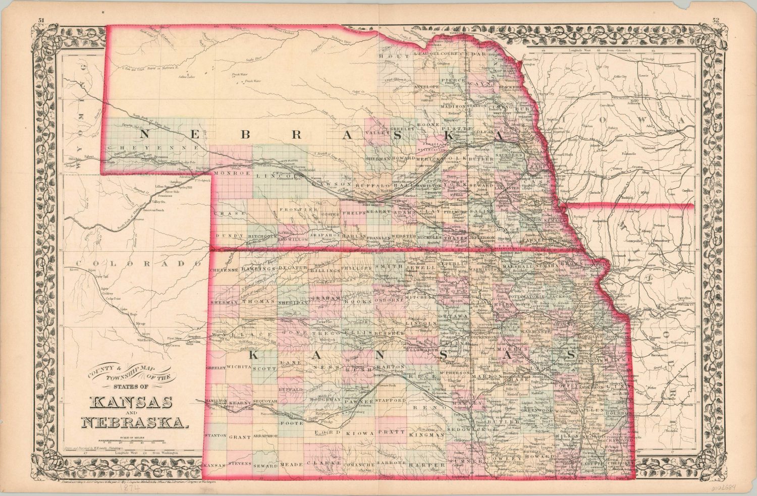 County & Township Map of the States of Kansas and Nebraska | Curtis ...