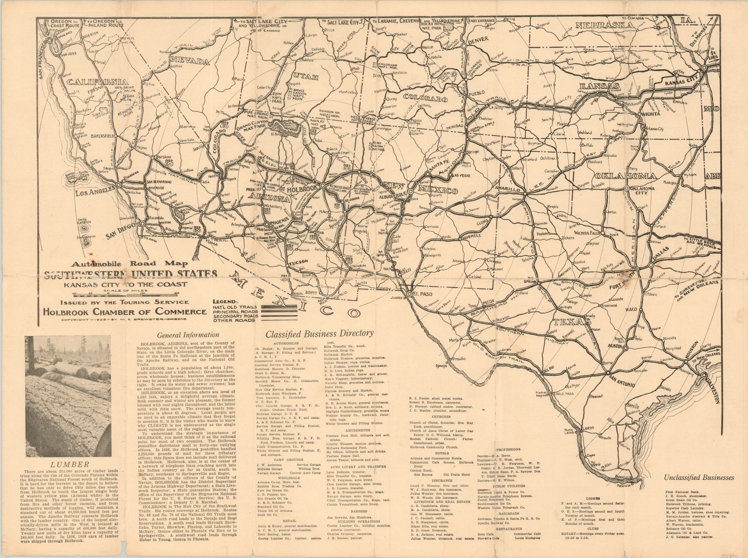 Automobile Road Map Southwestern United States Kansas City to the Coast ...