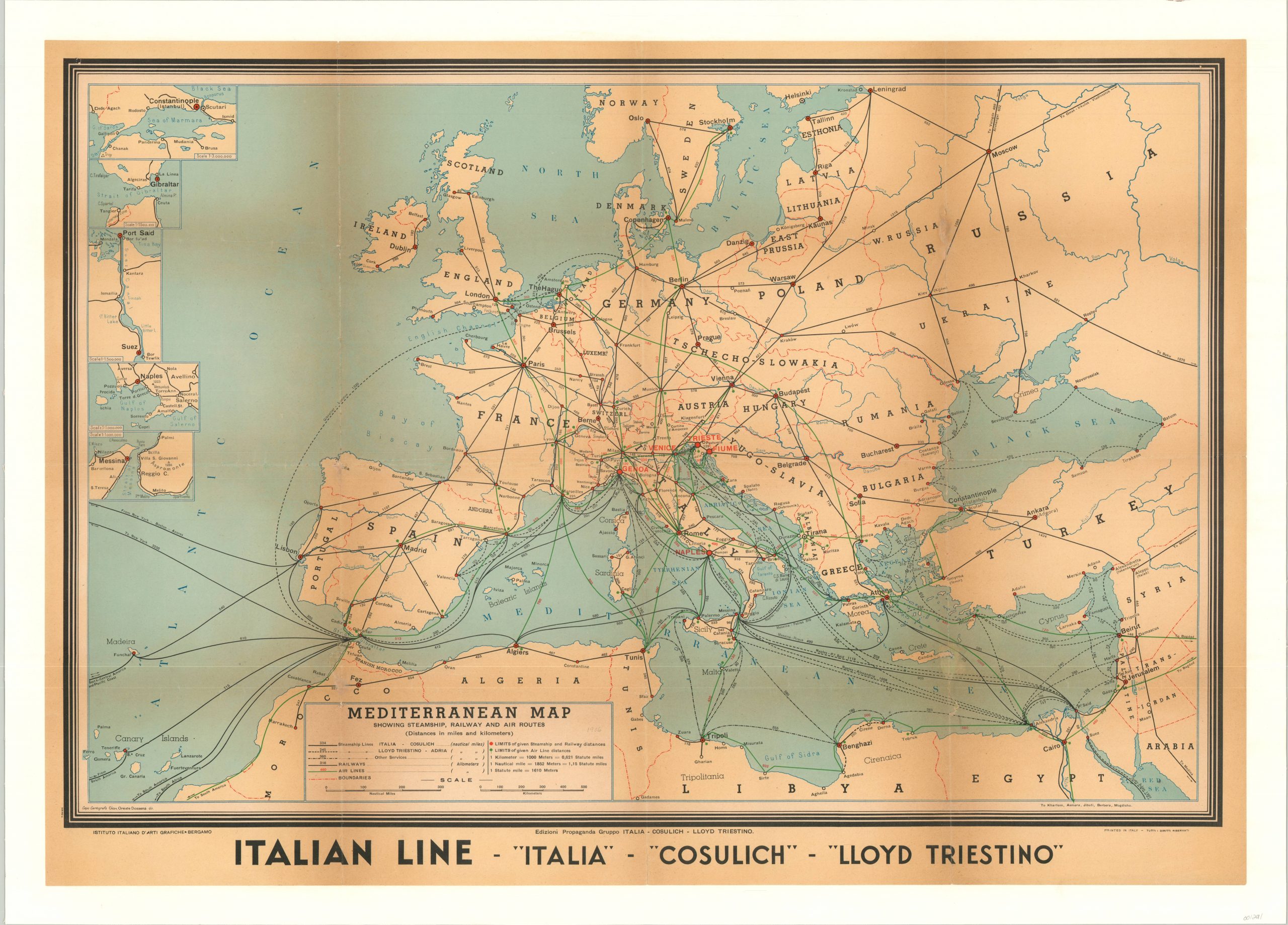 Mediterranean Map Showing Steampship, Railway, and Air Routes - Curtis ...
