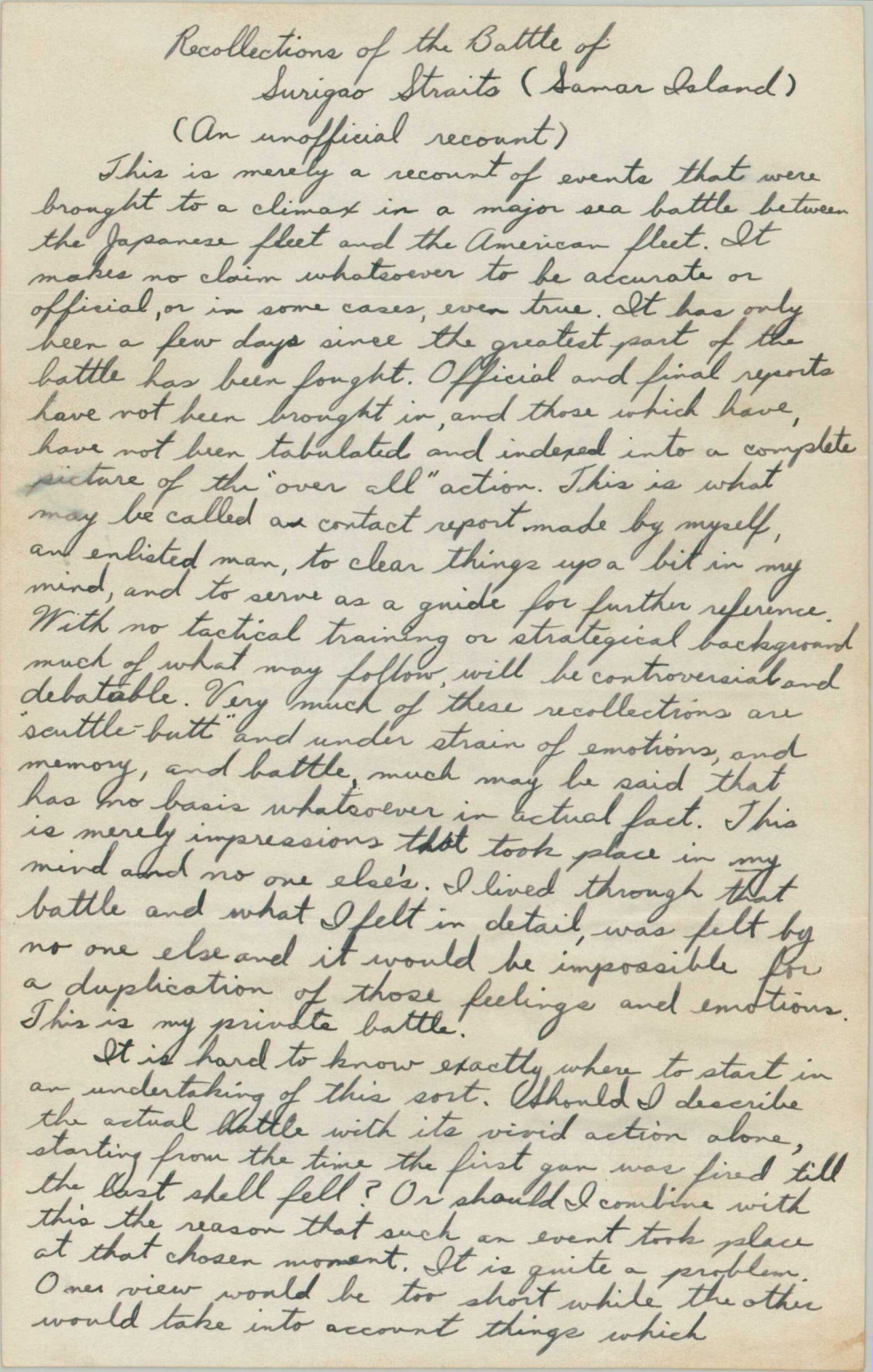 [Account and Manuscript Map of the Battle off Samar] - Curtis Wright Maps