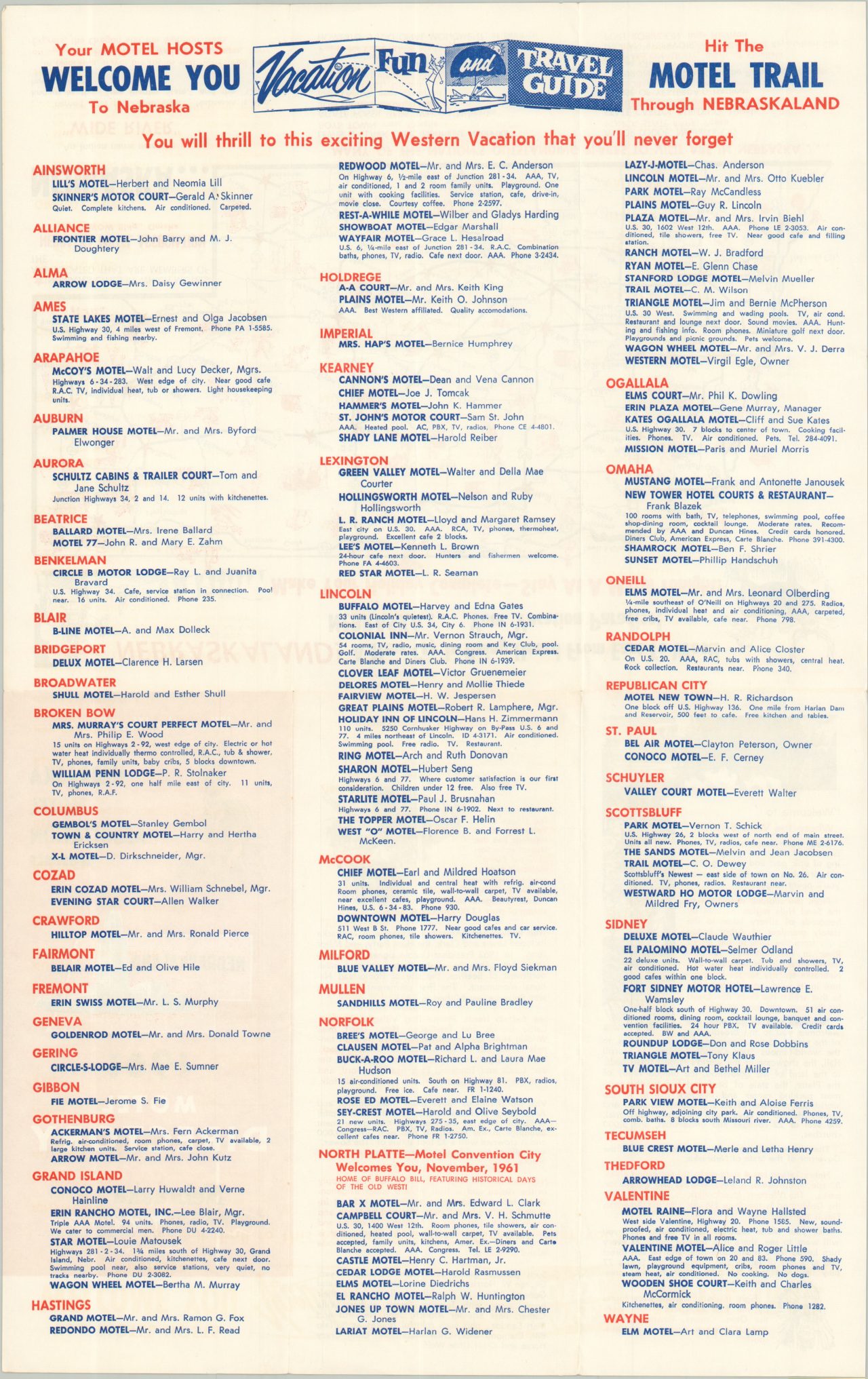 Nebraskaland 1961 Motel Directory - Curtis Wright Maps