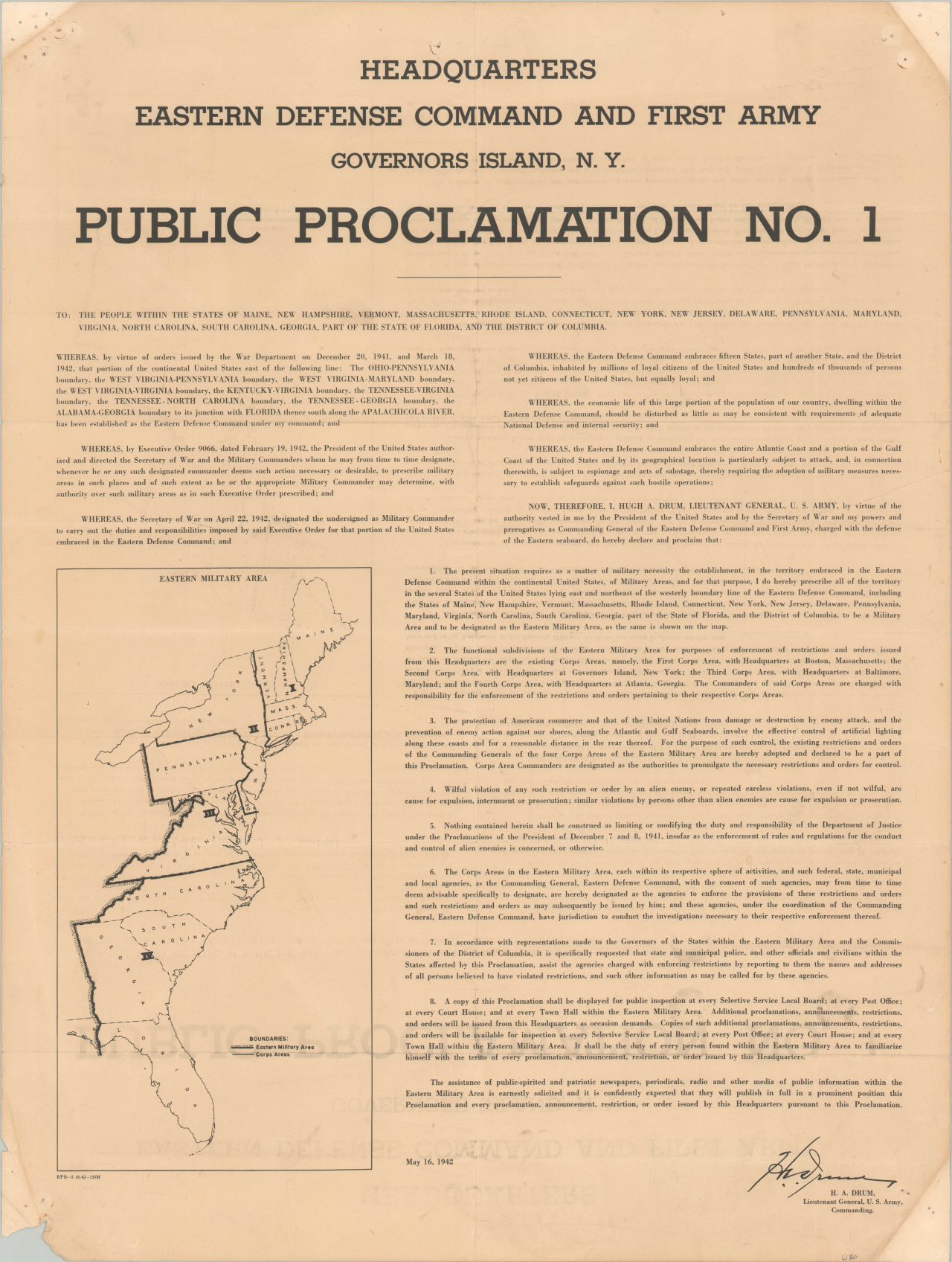 Headquarters Eastern Defense Command and First Army Public Proclamation ...