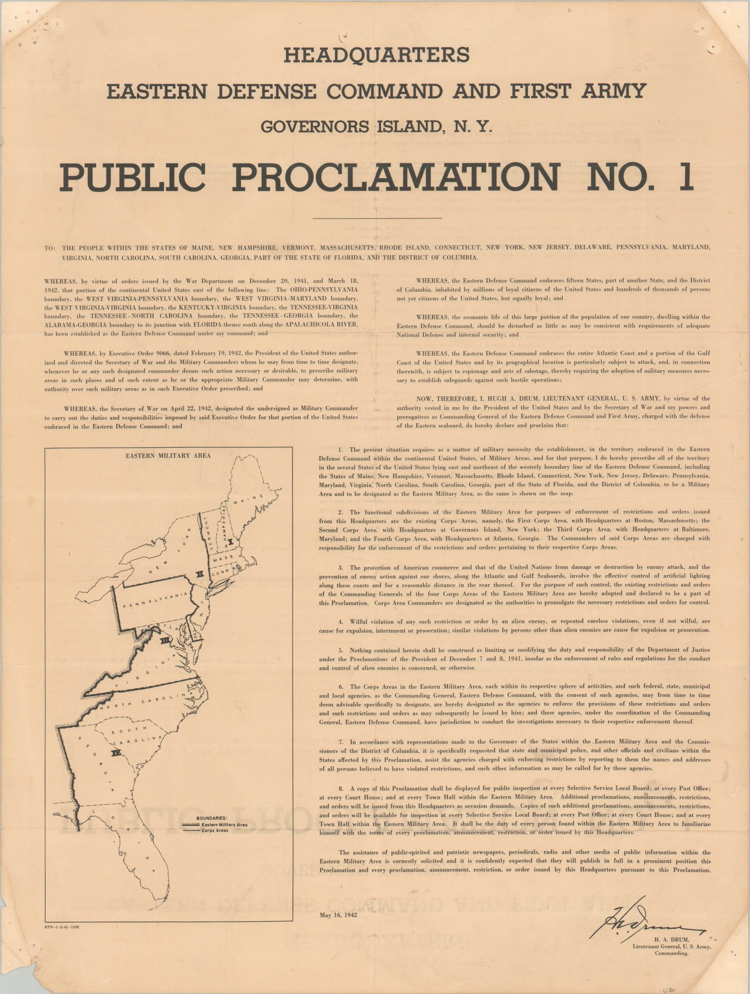 Headquarters Eastern Defense Command and First Army Public Proclamation ...