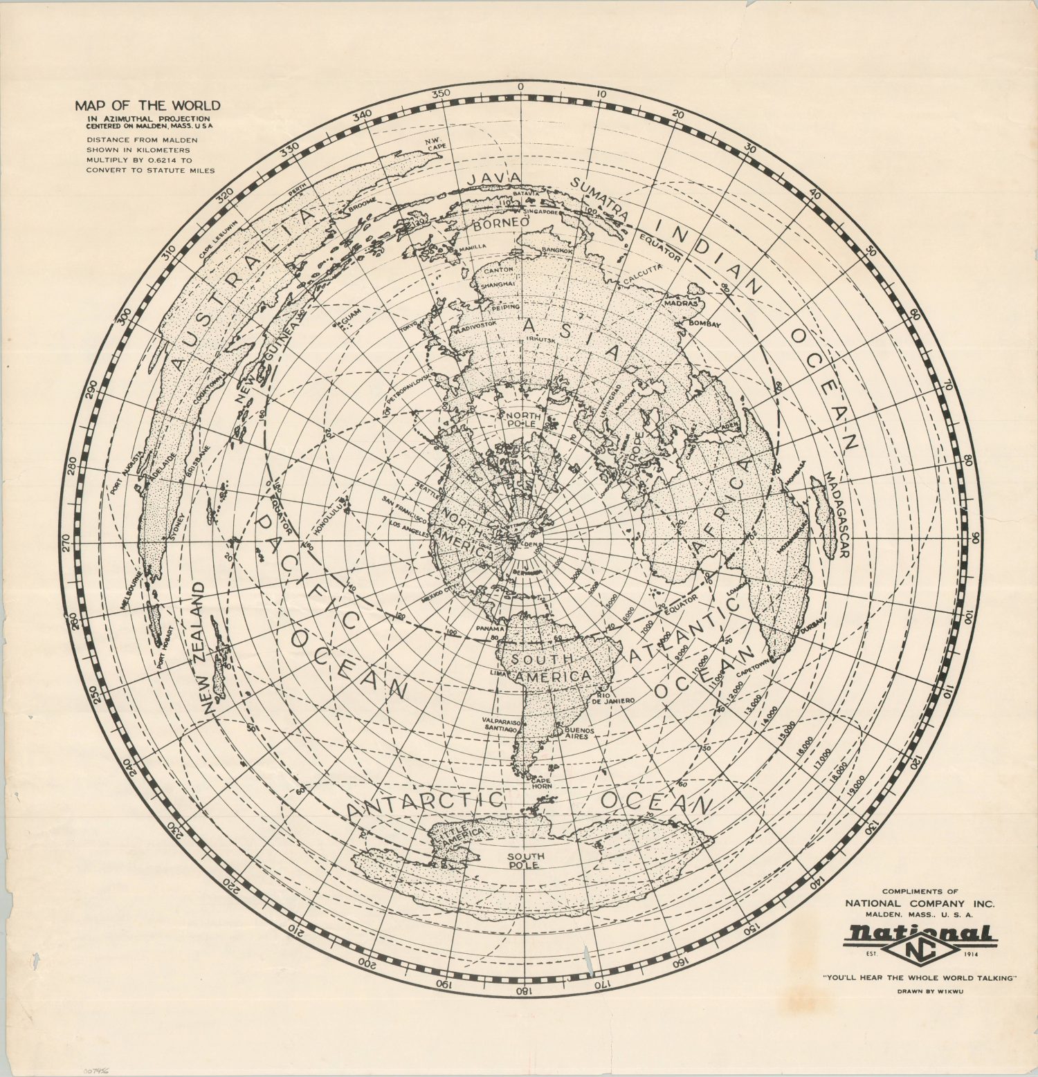 Map of the World in Azimuthal Projection Centered on Malden, Mass. USA ...