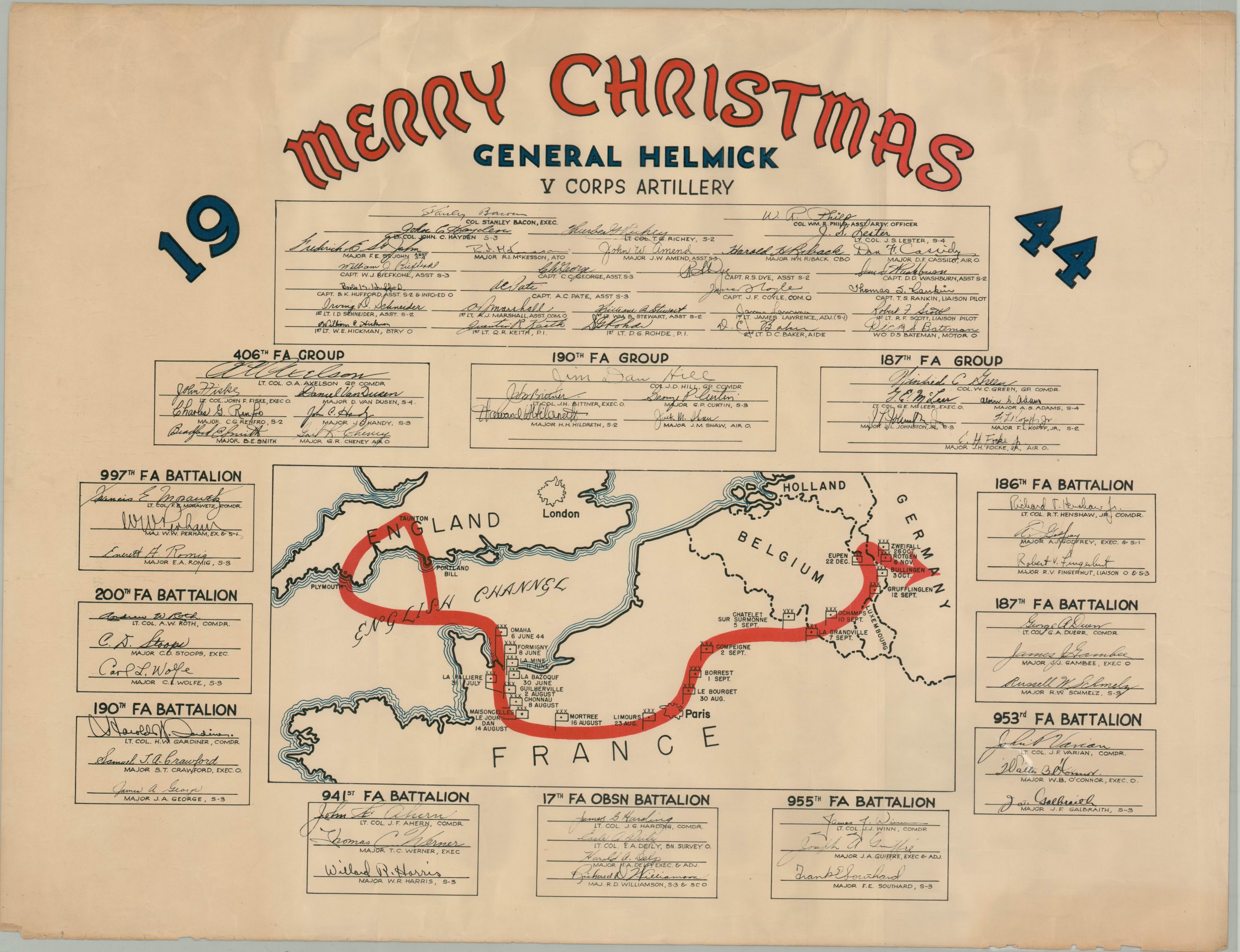 Merry Christmas General Helmick 1944 V Corps Artillery - Curtis Wright Maps