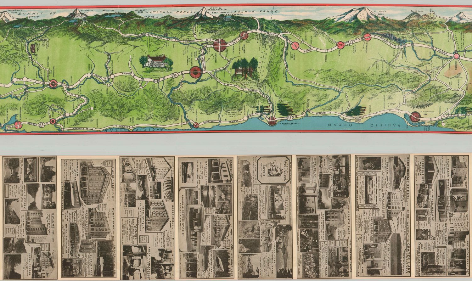 Highway Map from Canada to Mexico Showing Principal Hotels, Inns ...