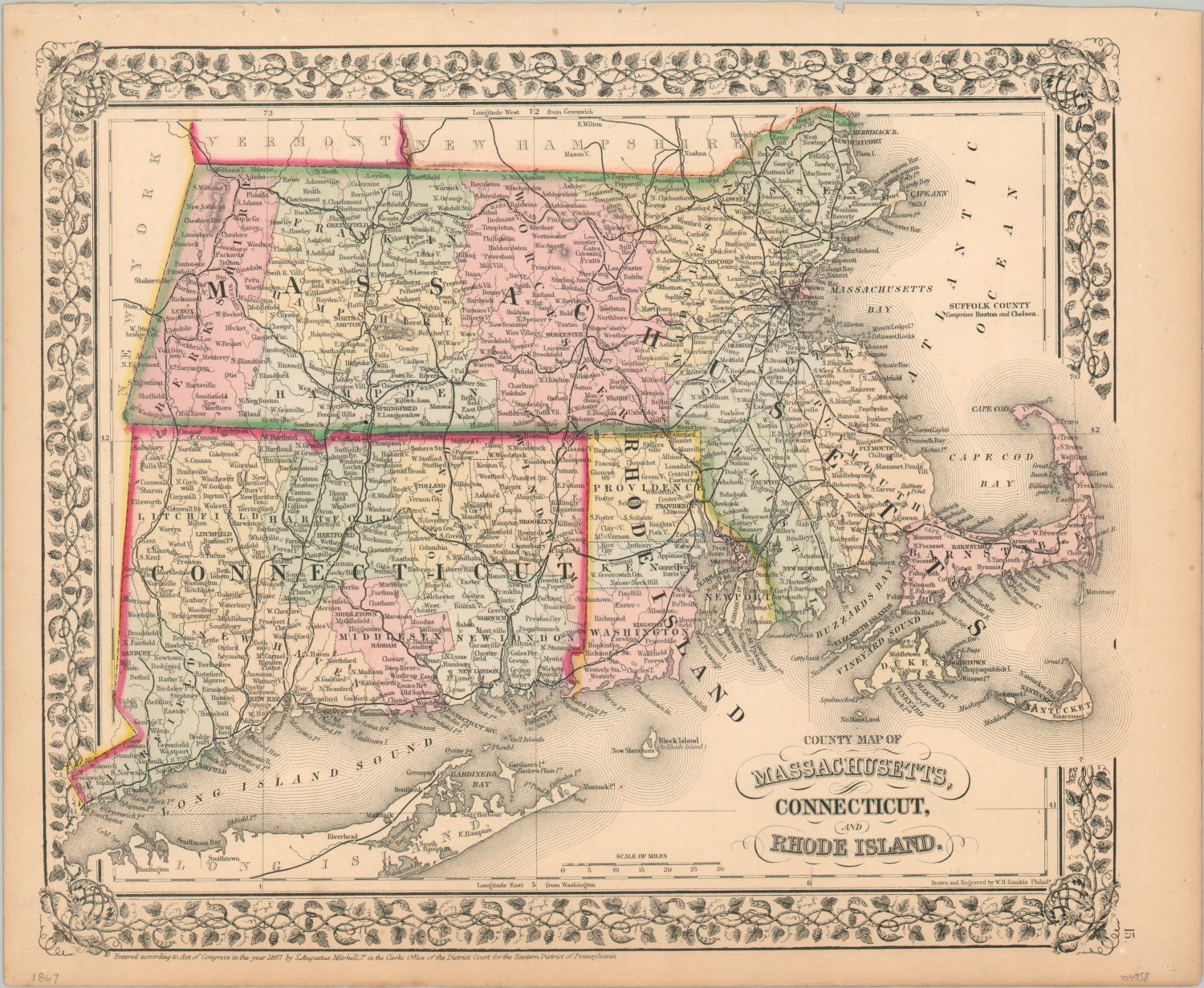 County Map of Massachusetts, Connecticut, and Rhode Island - Curtis ...