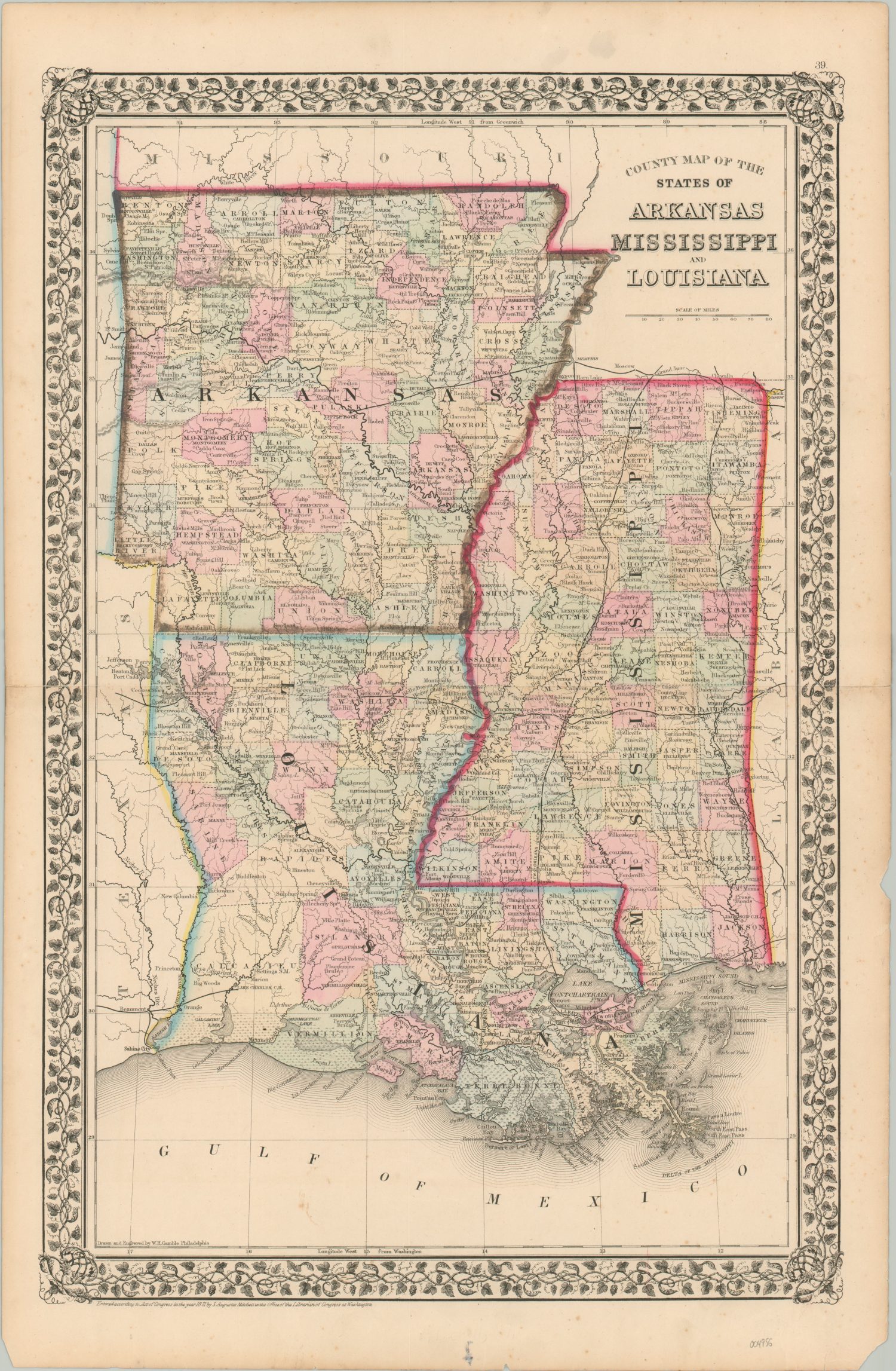 County Map of the States of Arkansas, Mississippi, and Louisiana ...