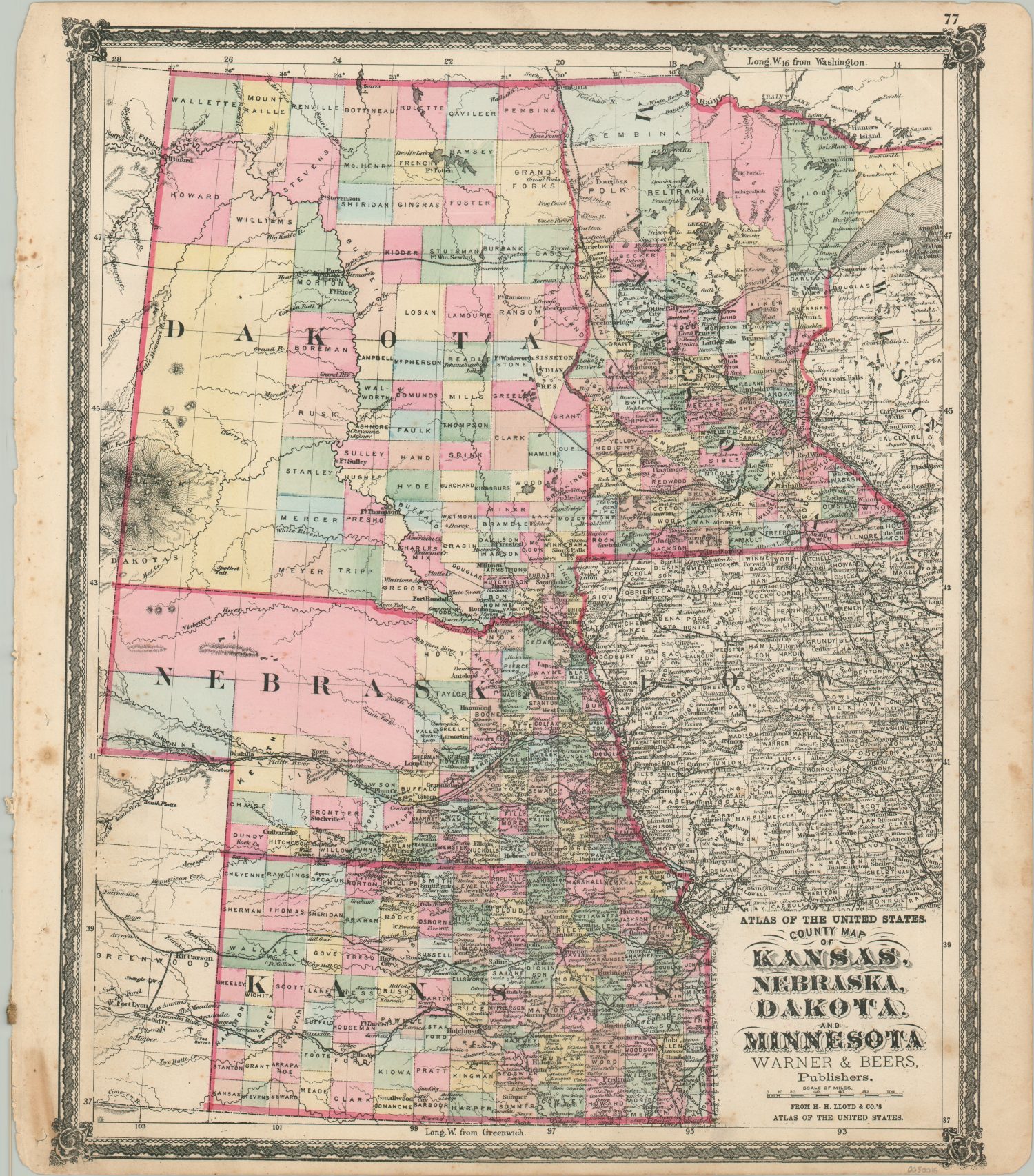 County Map of Kansas, Nebraska, Dakota, and Minnesota - Curtis Wright Maps