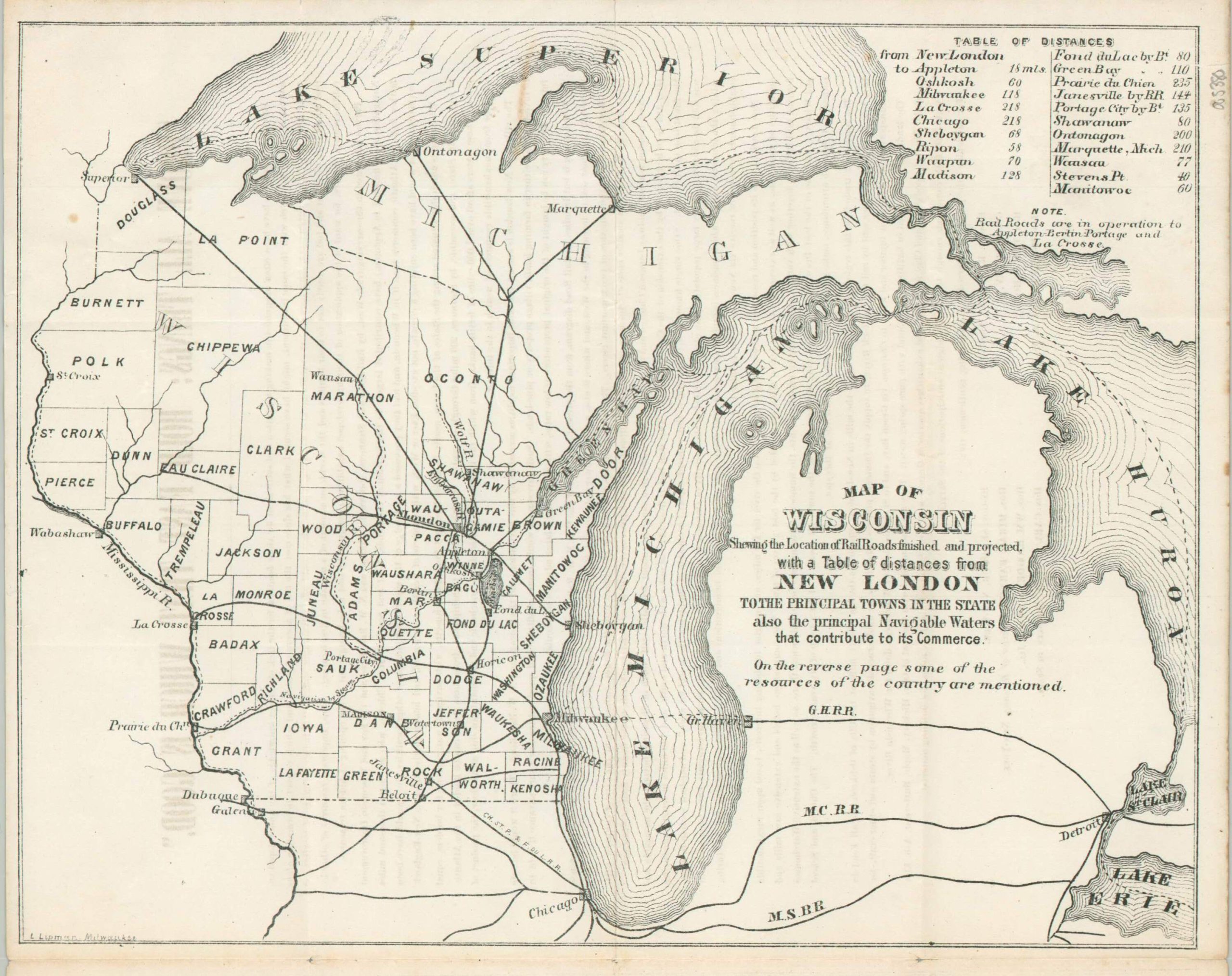 Map of Wisconsin Showing the Location of Railroads finished, and ...