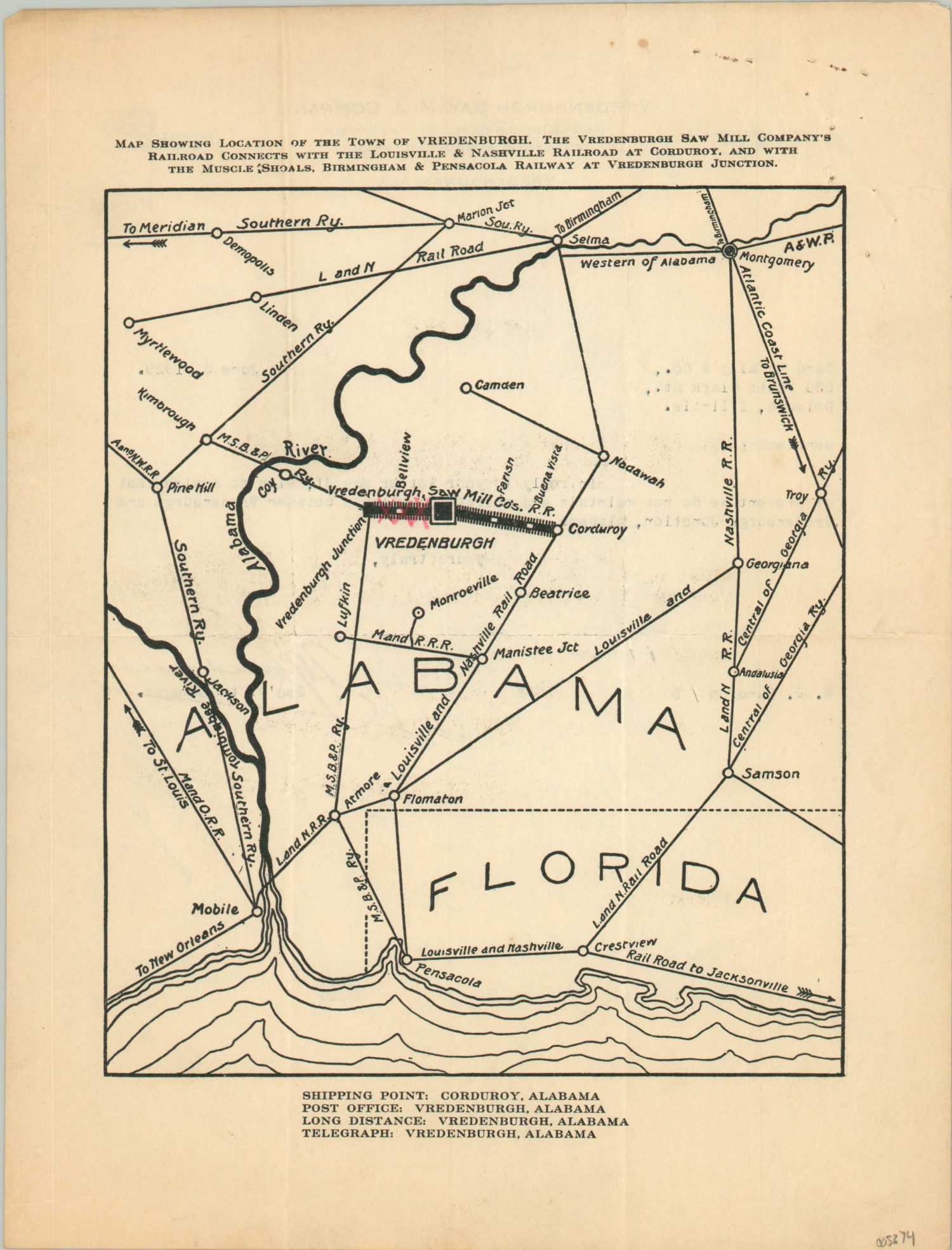 Map Showing the location of the Town of Vredenburgh... - Curtis Wright Maps