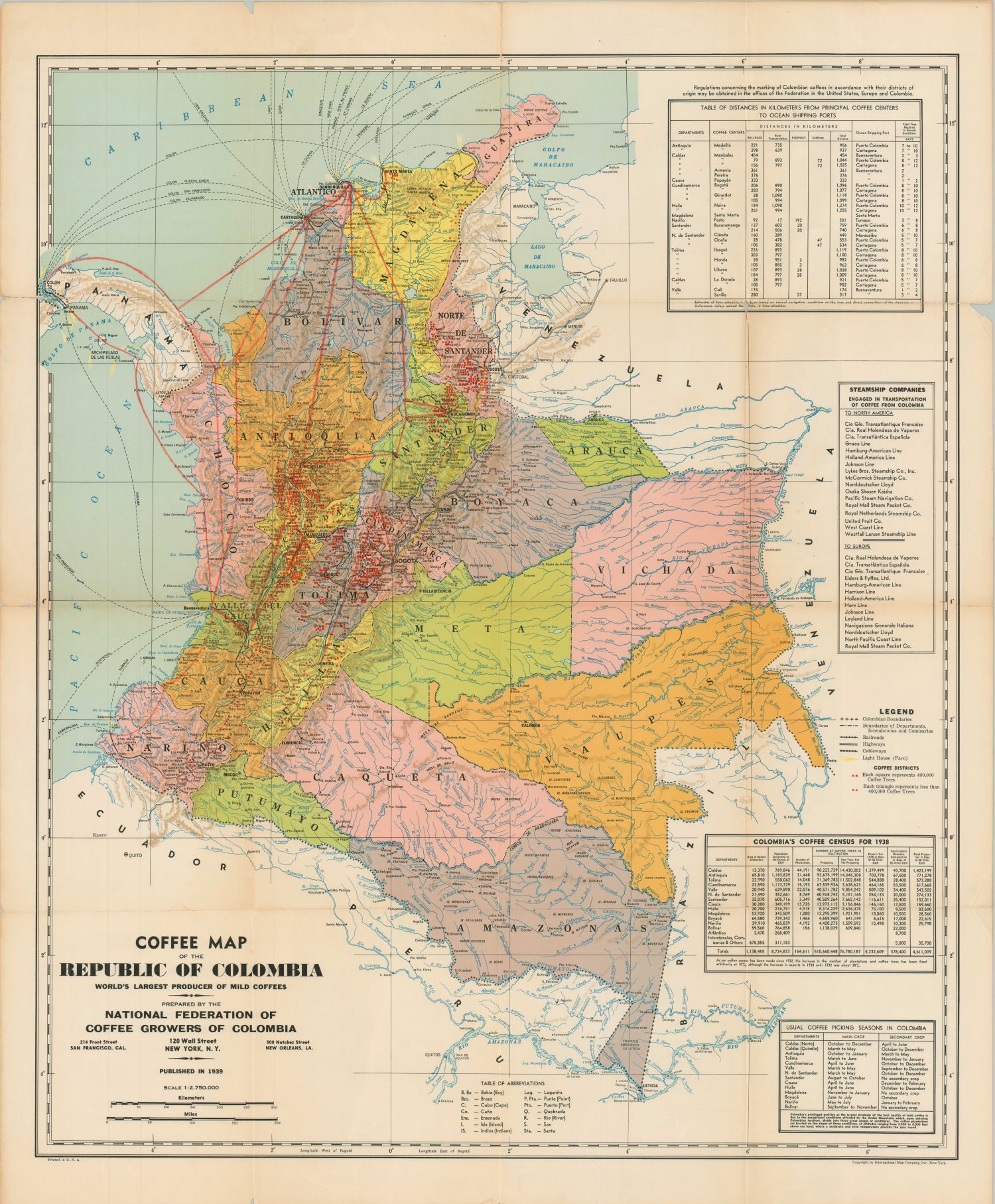 Coffee Map of the Republic of Colombia - Curtis Wright Maps