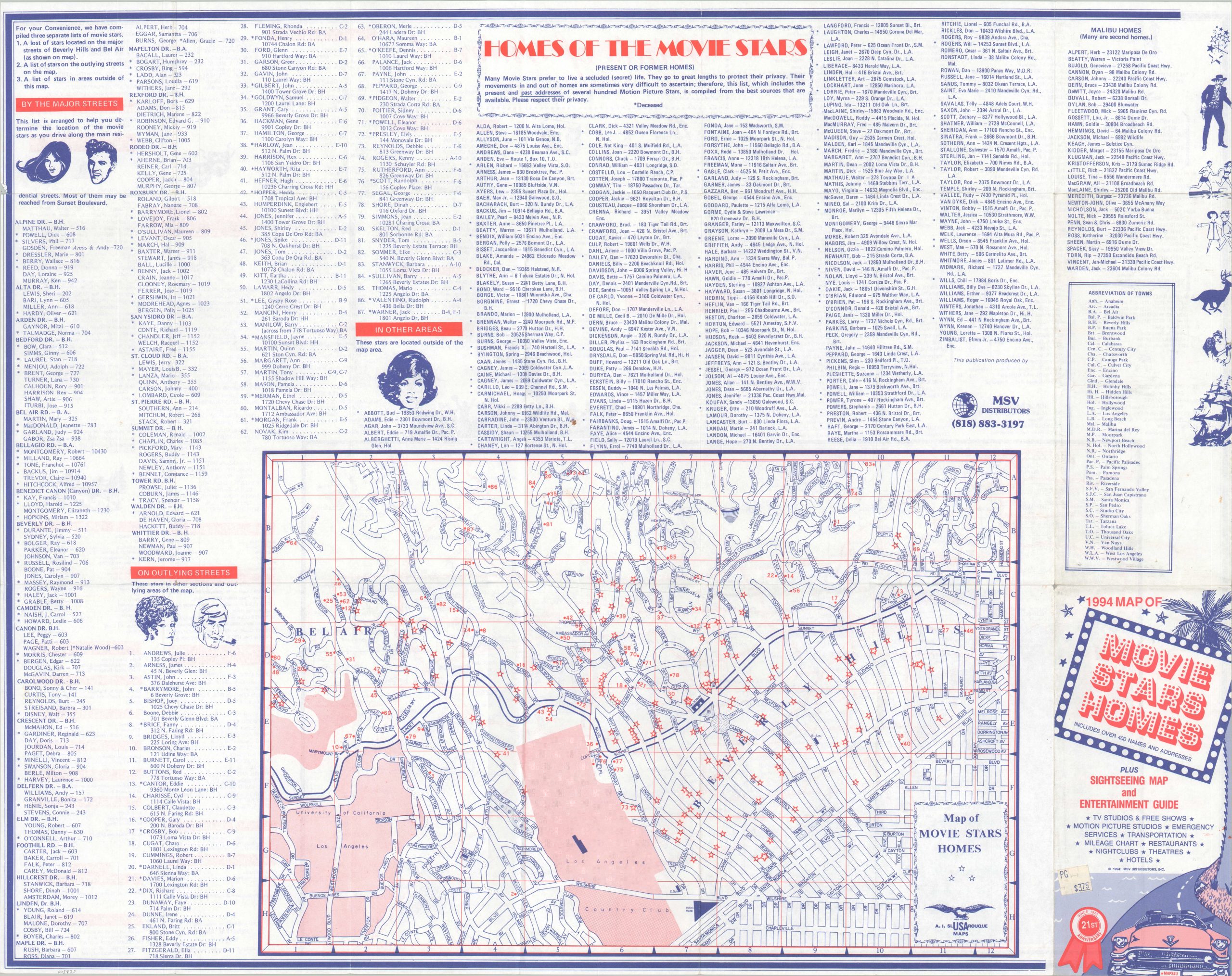 1994 Map of Movie Stars Homes - Curtis Wright Maps