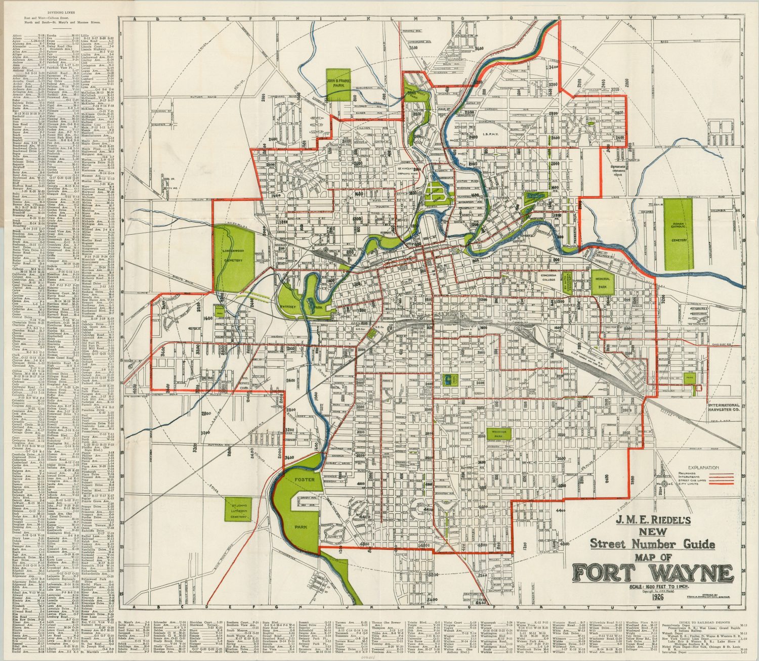 J.M.E. Riedel's New Street Number Guide Map of Fort Wayne - Curtis ...