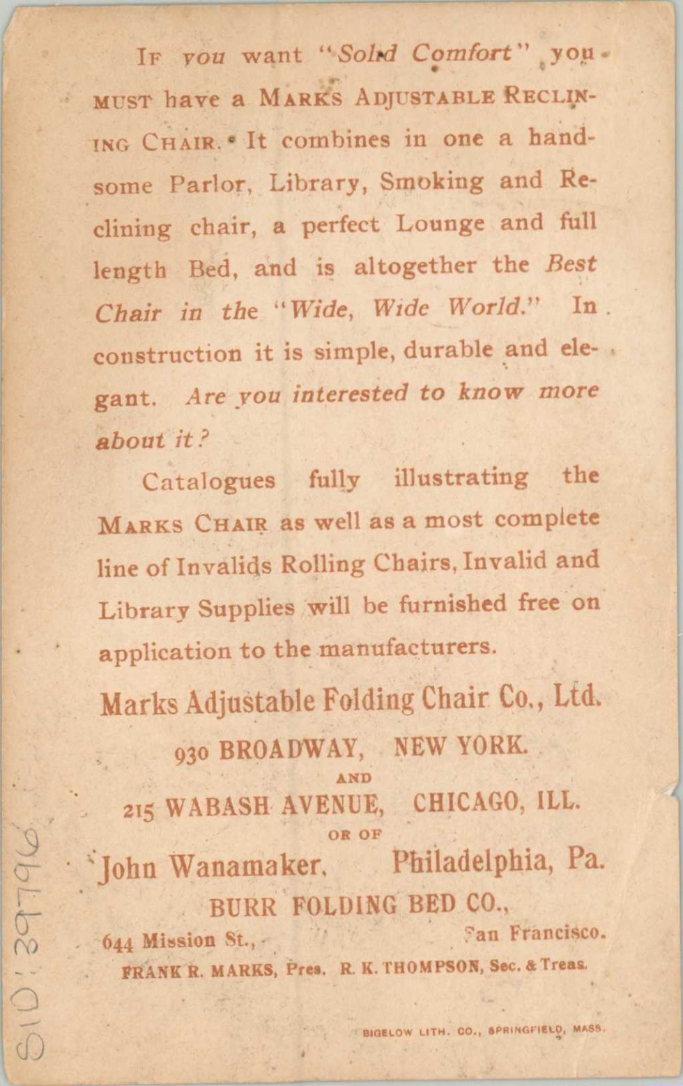 [Mark's Adjustable Reclining Chair Trade Card] - Curtis Wright Maps
