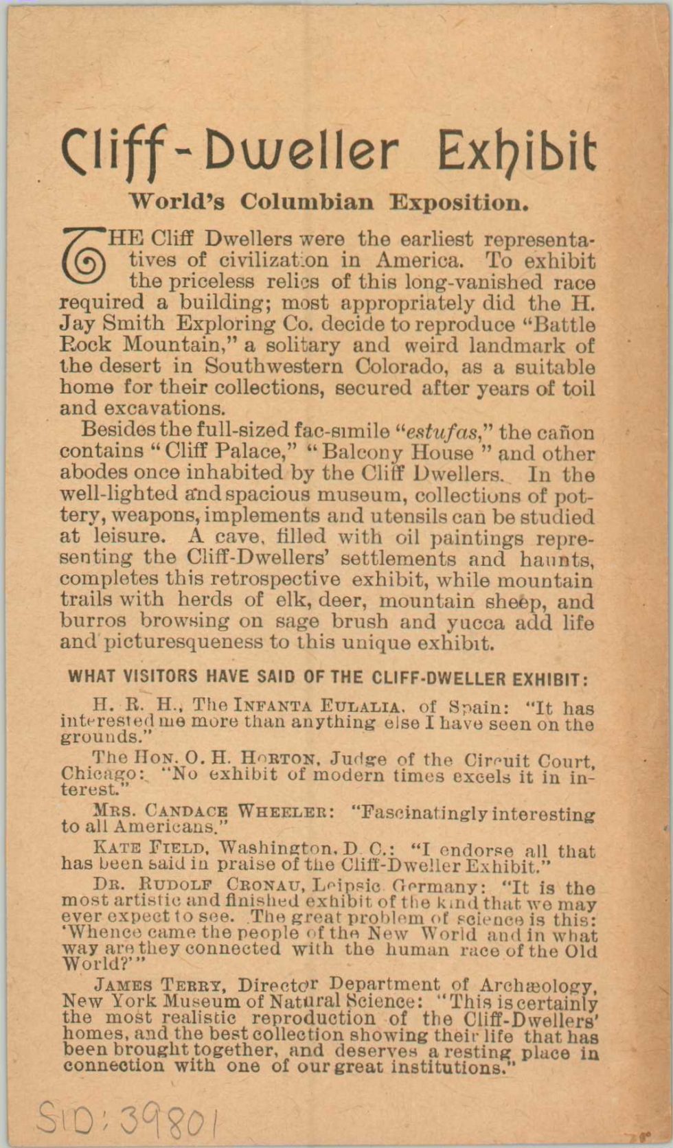 Cliff Dweller Card Map of the World's Columbian Exposition - Curtis ...