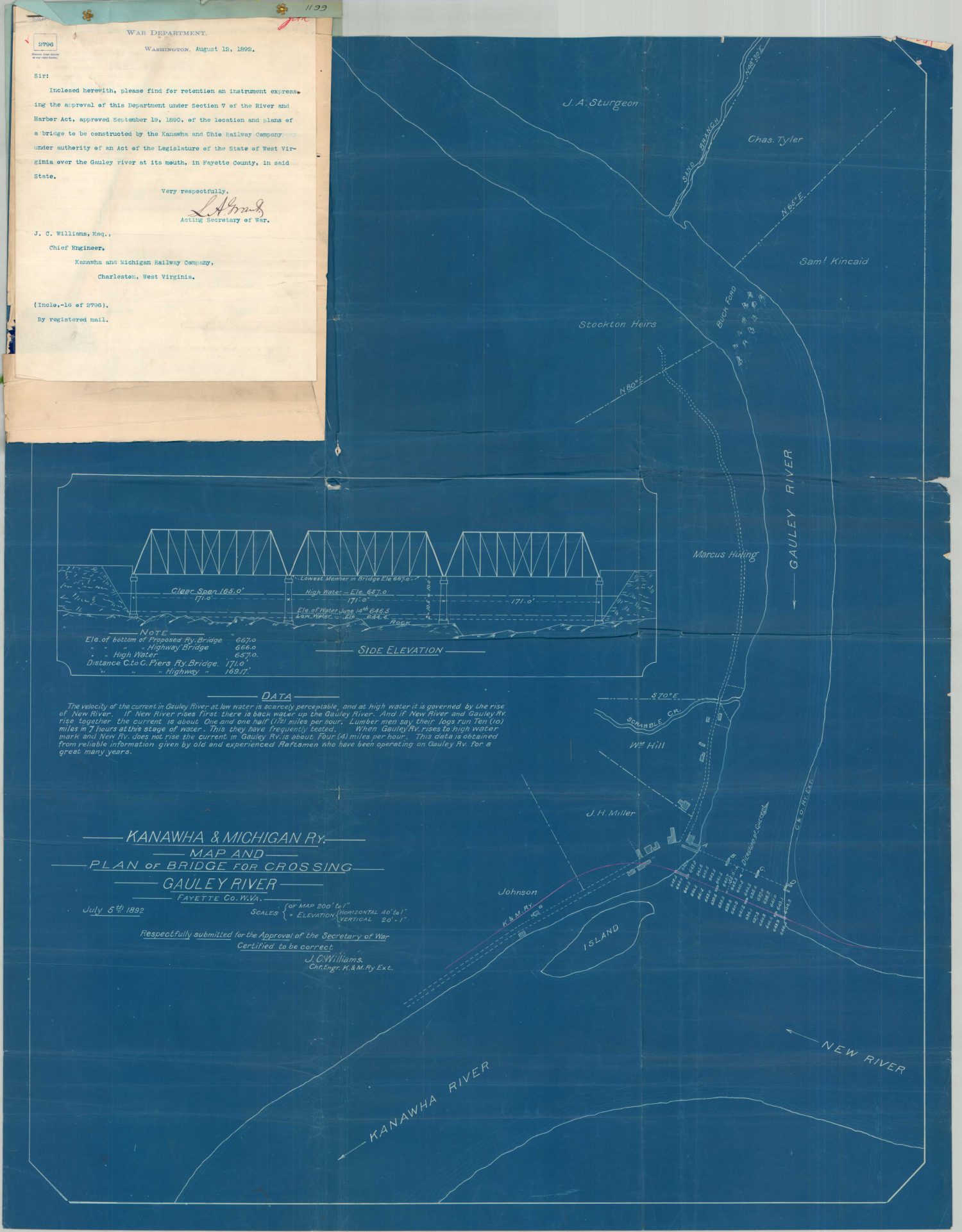 Kanawha & Michigan Ry. Map and Plan of Bridge for Crossing Gauley River ...