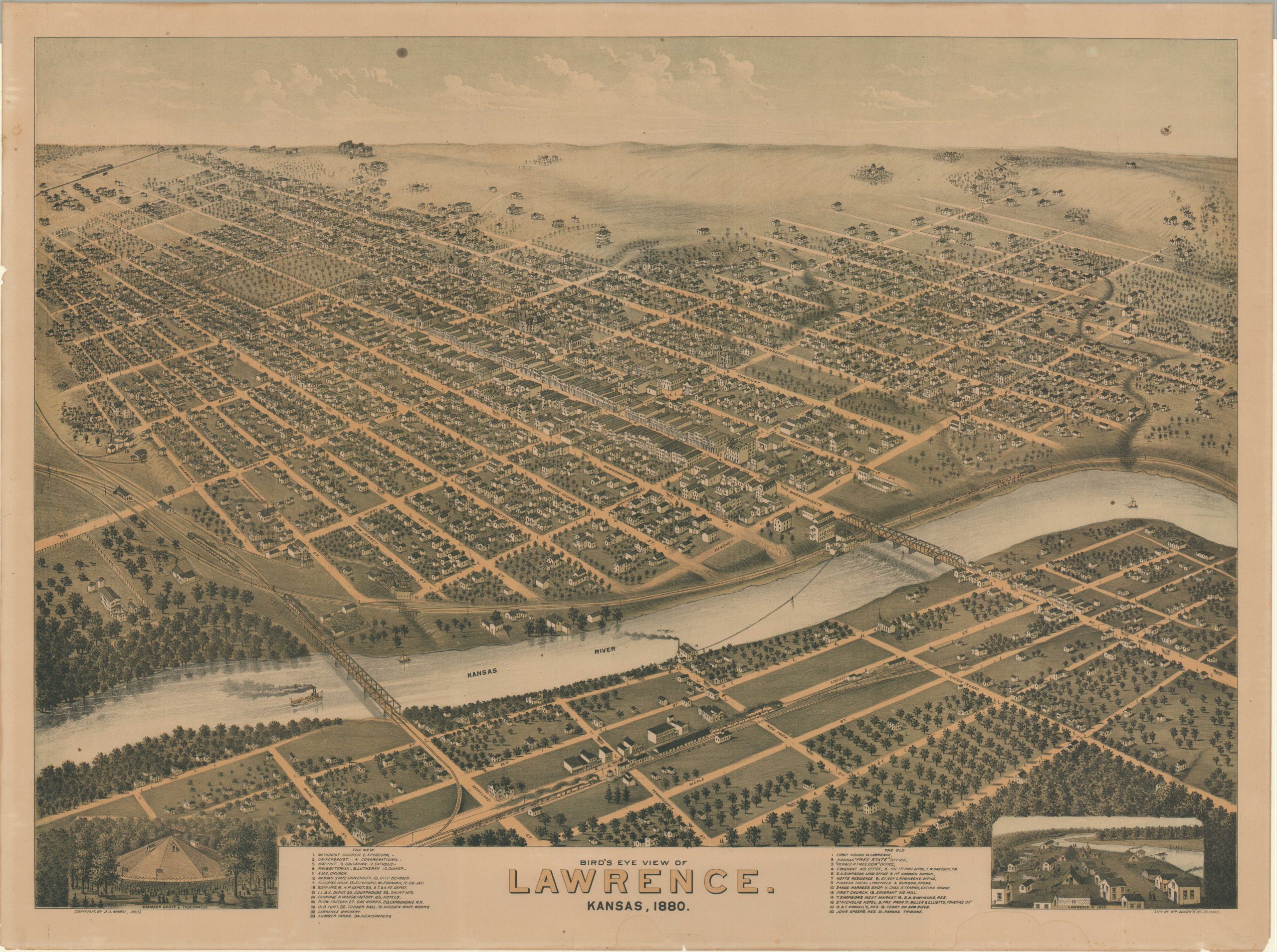 Bird's Eye View of the City of Lawrence Kansas 1880 - Curtis Wright Maps