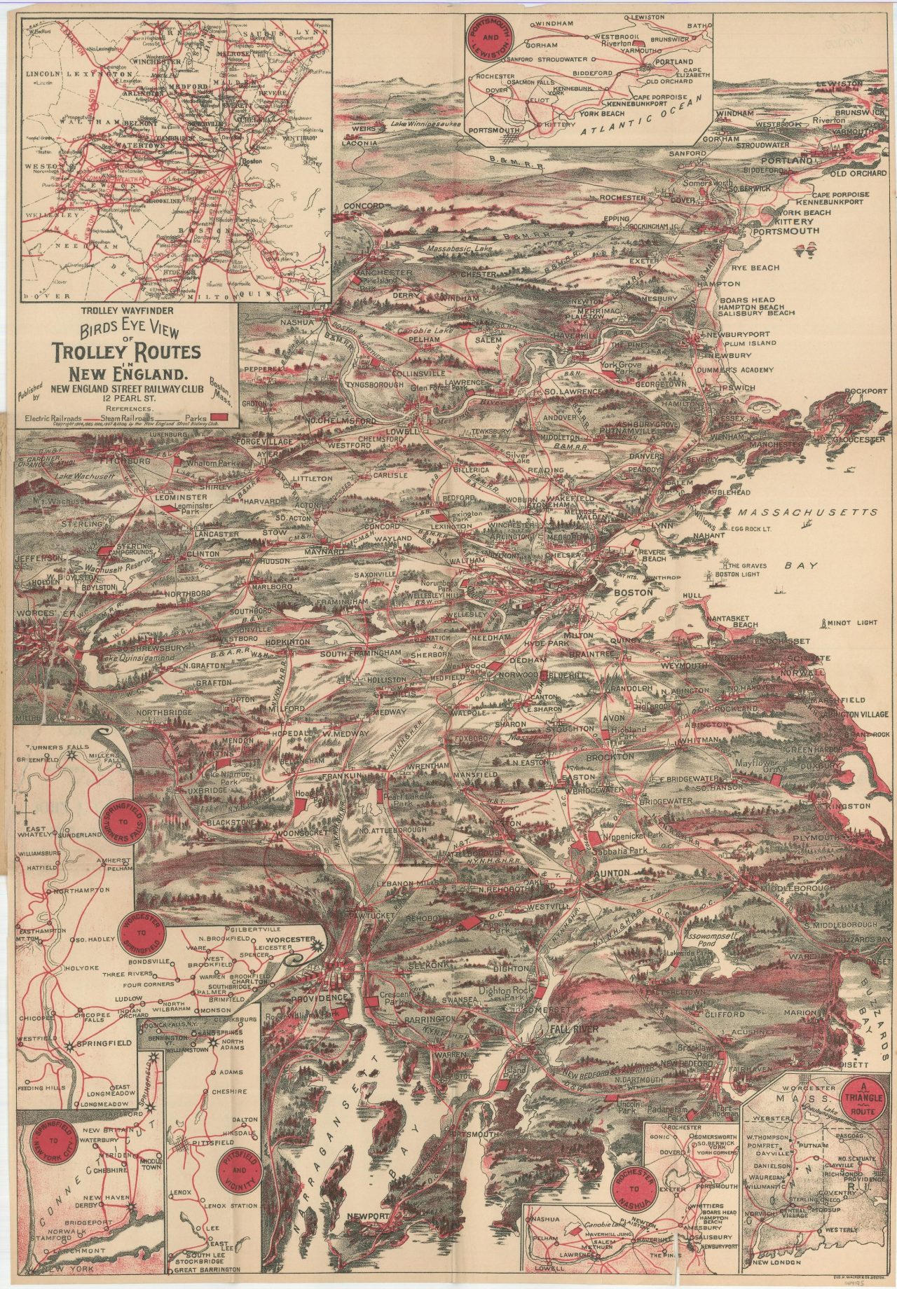 Bird's Eye View of Trolley Routes in New England - Curtis Wright Maps