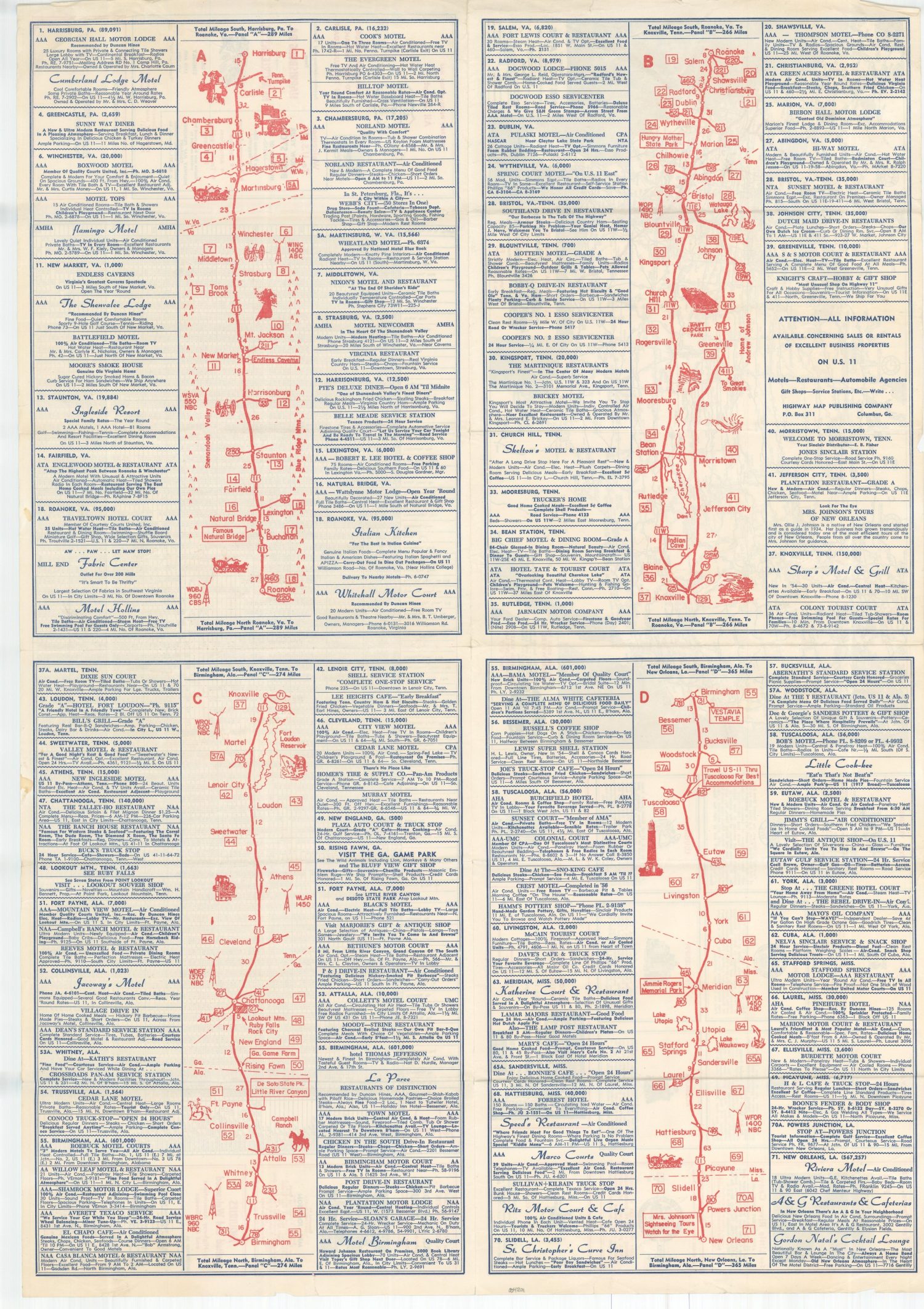 Tourist Information Map All About U.S. 11 - Curtis Wright Maps