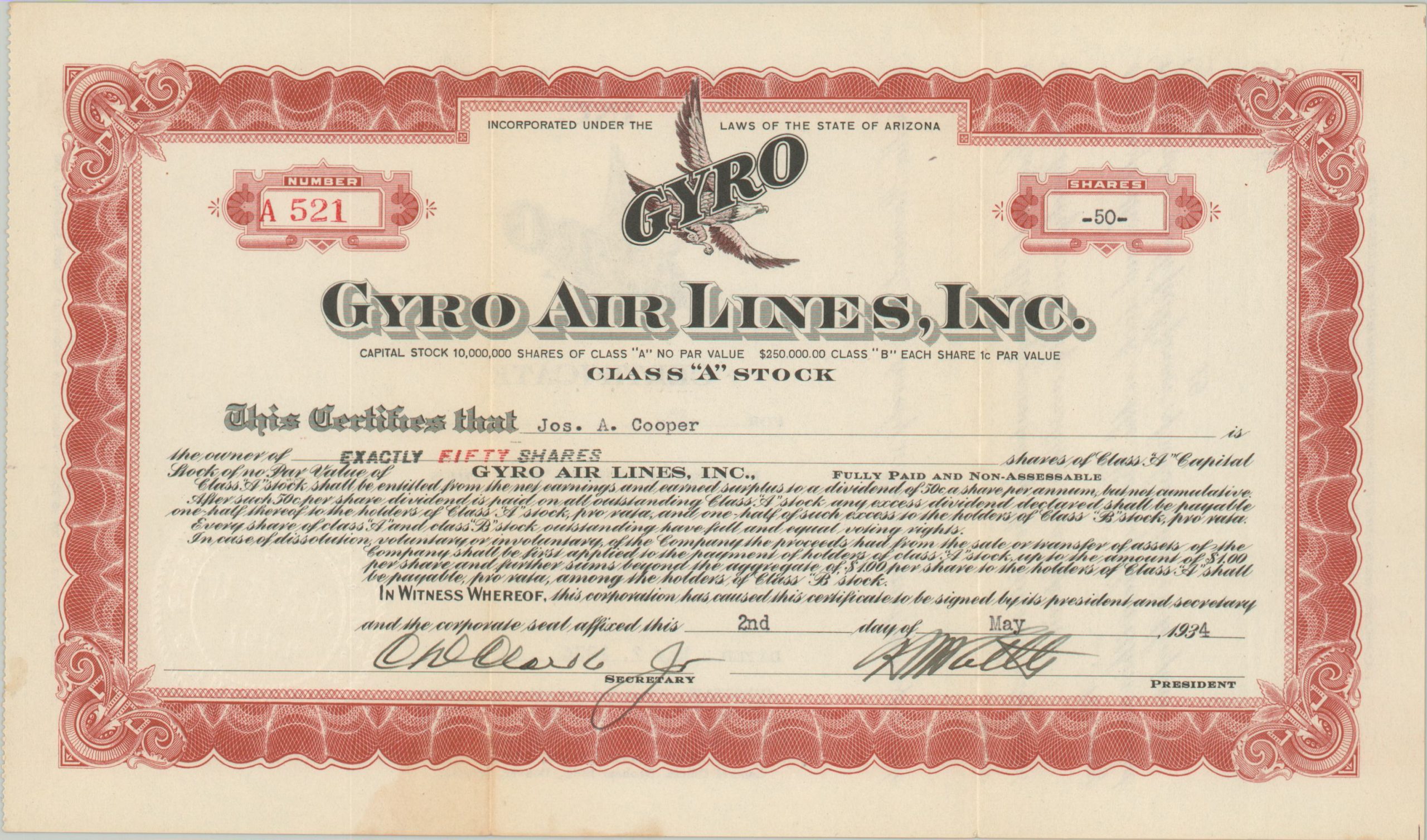Gyro Air Lines, Inc. Map [and] Stock Certificate - Curtis Wright Maps